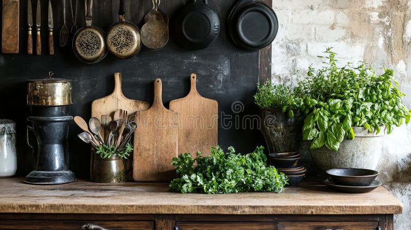 Rustic Kitchen with Vintage Utensils and Fresh Herbs Pic Stock Photo ...
