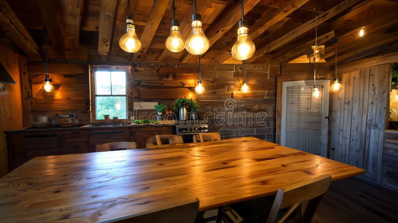 Rustic Kitchen with Warm Lighting and Exposed Wooden Beams Creating a ...