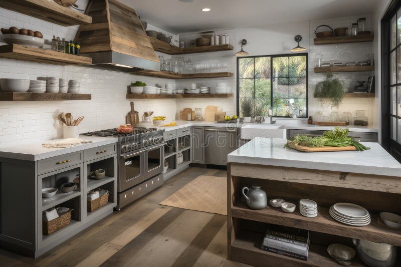 Rustic Kitchen with White Cabinetry, Glass Fronts, and Open Shelving ...