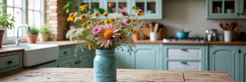 Rustic Kitchen with Wildflower Bouquet in Vintage Mason Jar Stock Image ...