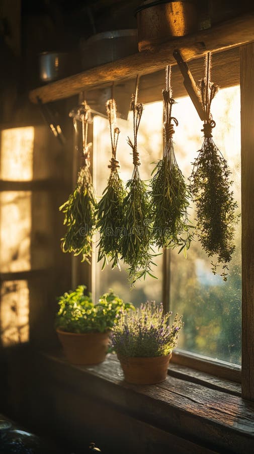 Rustic Kitchen Window with Hanging Herbs and Sunlit Pots in the ...