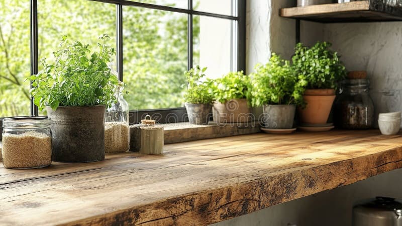 Rustic Kitchen Window Herbs Sunlight Countertop Display Stock Image ...
