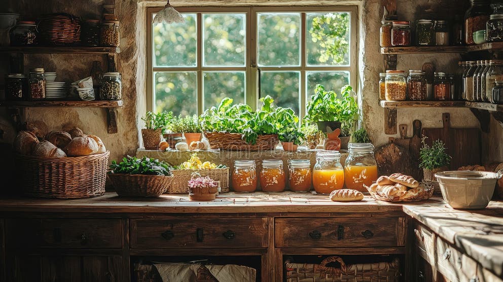Rustic Kitchen Window Sunlight Preserves Food Stock Photo - Image of ...