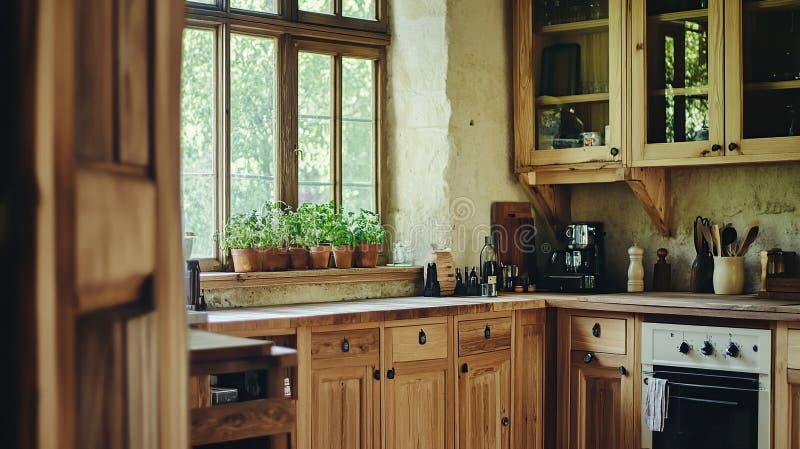 Rustic Kitchen, Window View, Herbs, Stone Wall, Cooking Stock Image ...