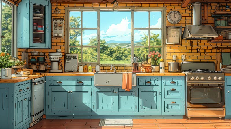 Rustic Kitchen with Window View of Lush Green Landscape on a Sunny Day ...