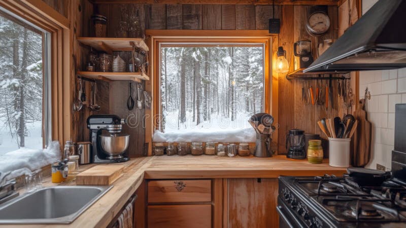 Rustic Kitchen with a Window View of a Snowy Forest Stock Illustration ...
