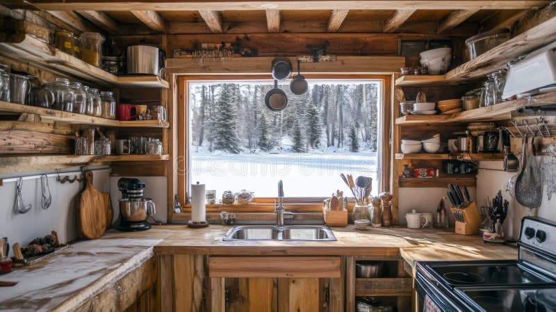 Rustic Kitchen with Window View of Snowy Forest Stock Illustration ...