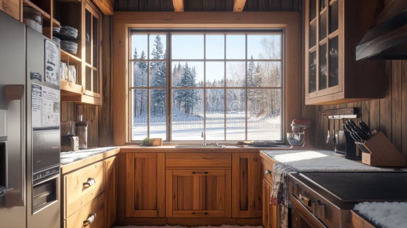Rustic Kitchen with Window View of Snowy Forest Stock Illustration ...