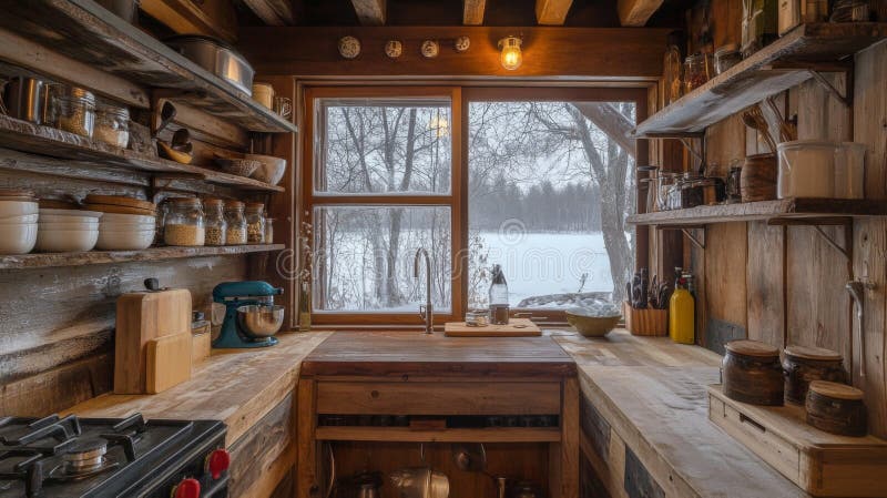 Rustic Kitchen with Window View of Snowy Landscape Stock Illustration ...