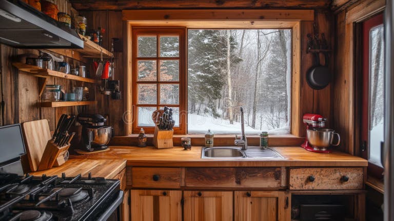 Rustic Kitchen with Window View of Snowy Woods Stock Illustration ...