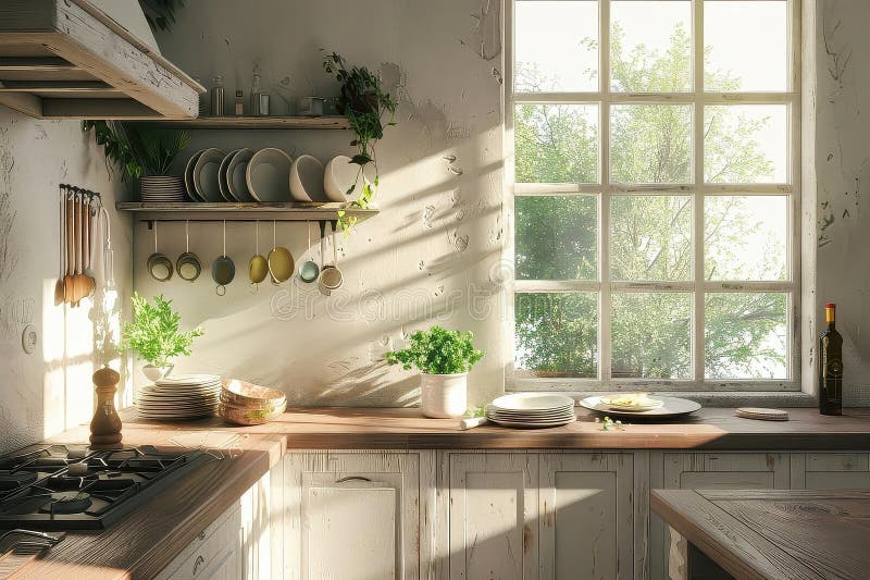 Rustic Kitchen with Window View and Wooden Accents Stock Illustration ...