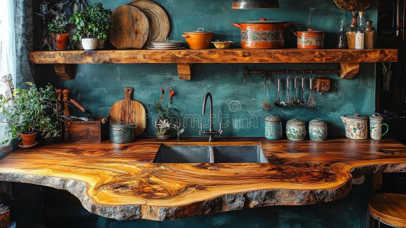 Rustic Kitchen, Wood Countertop, Teal Wall, Cooking Utensils, Home ...