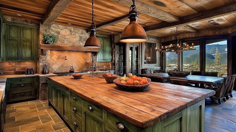 Rustic Kitchen with Wood Countertops, Stone Wall, and Mountain View ...