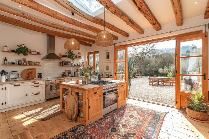 Rustic Kitchen with Wooden Beams and Open Doors Leading To a Garden ...