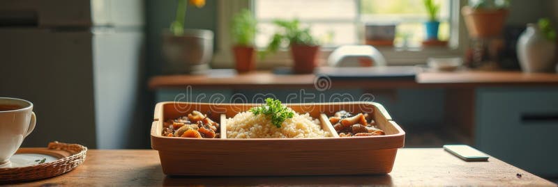 Rustic Kitchen with Wooden Bento Box Lunch and Plants by Window Stock ...