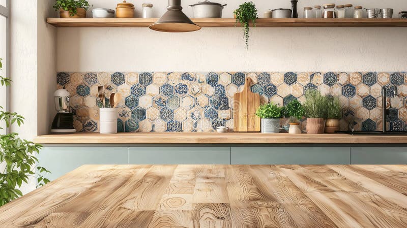 Rustic Kitchen with Wooden Countertop and Patterned Tile Backsplash ...