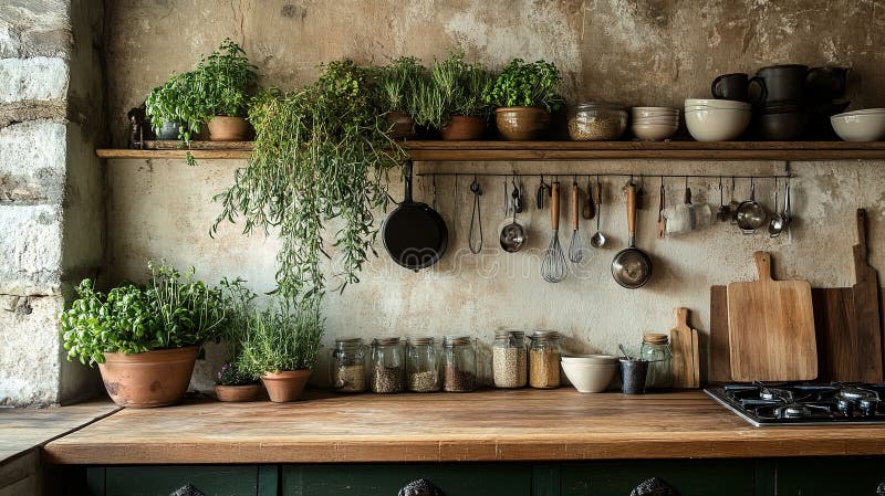 A Rustic Kitchen with Wooden Countertops and Fresh Herbs Hanging Pic ...