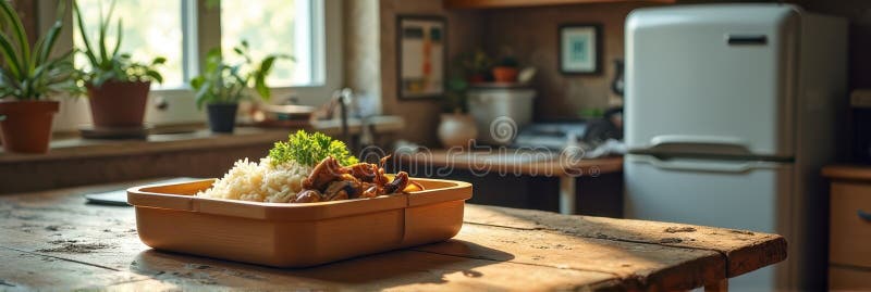 Rustic Kitchen with Wooden Table and Asian Cuisine in Sunlit Setting ...