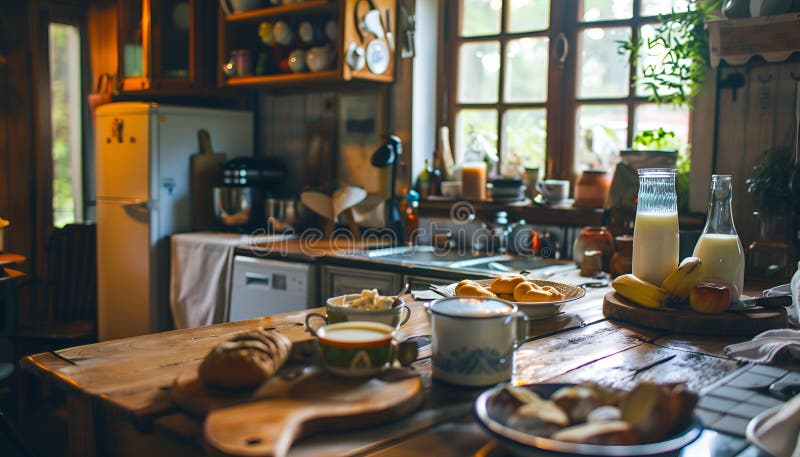 Rustic Kitchen with Wooden Table Glass of Milk and Breakfast Items ...