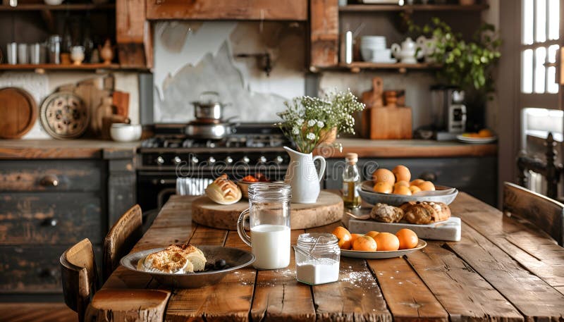 Rustic Kitchen with Wooden Table Glass of Milk and Breakfast Items ...