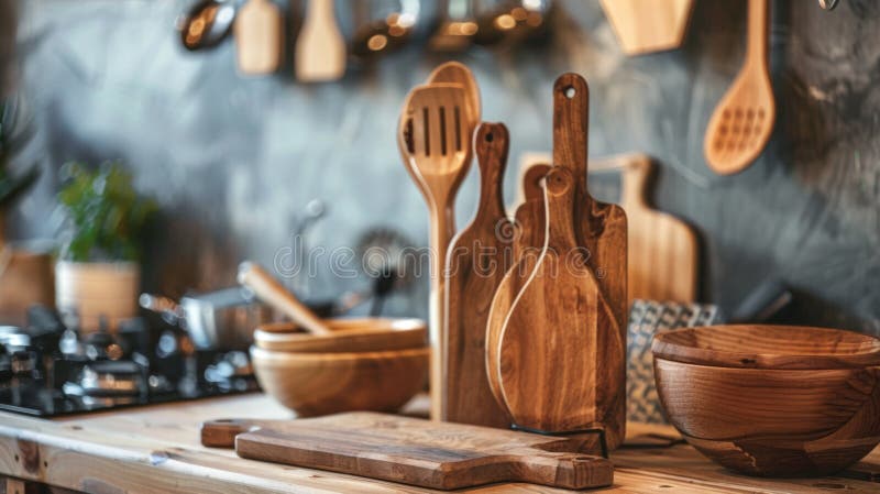 Rustic Kitchen with Wooden Utensils and Cutting Boards Stock Photo ...