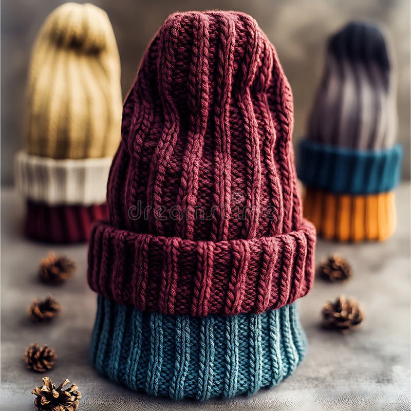 Rustic Knitted Beanie with Two-tone Design in Cozy Autumnal Colors and ...