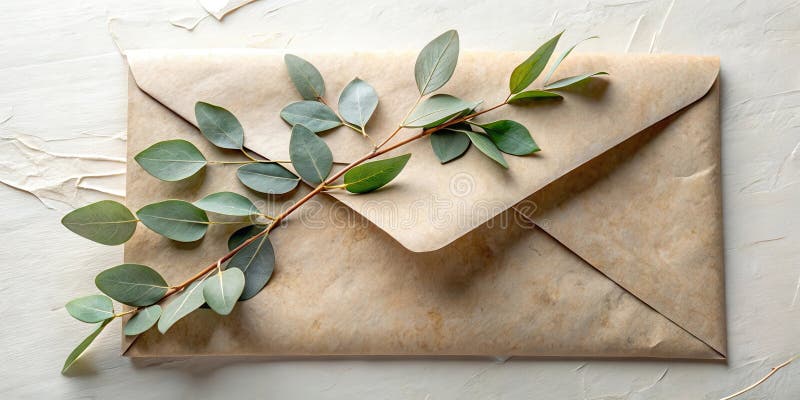 Rustic Kraft Envelope Adorned with a Sprig of Eucalyptus Leaves, a ...