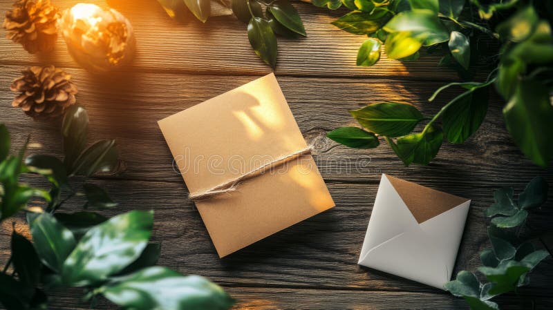 Rustic Kraft Envelopes with Greenery on Wooden Surface Stock ...