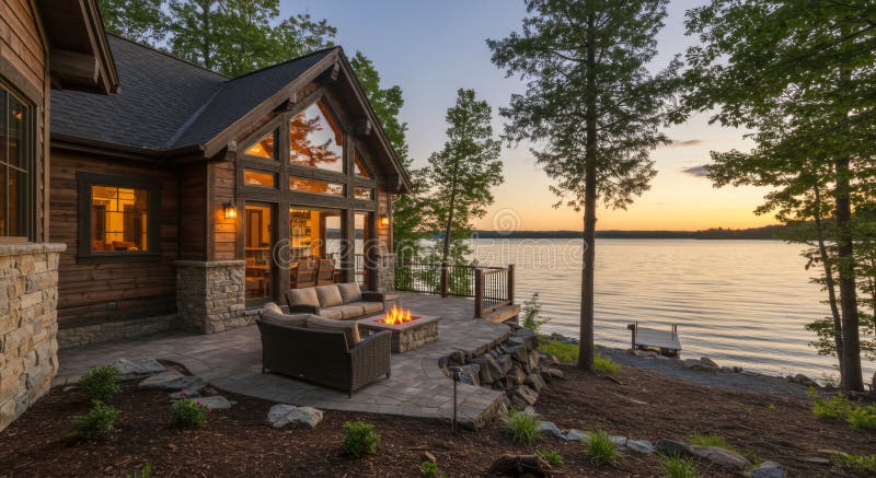 Rustic Lake House with Stone Patio at Sunset Stock Illustration ...