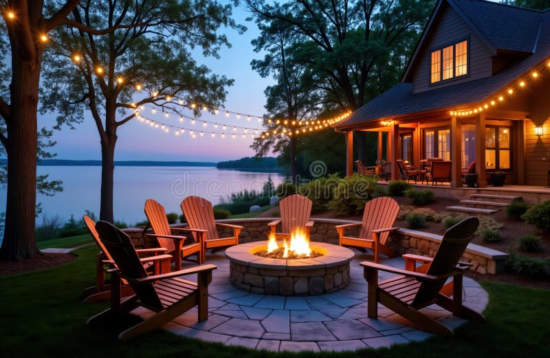 Rustic Lakefront Patio Features Stone Fire Pit Surrounded by Adirondack ...