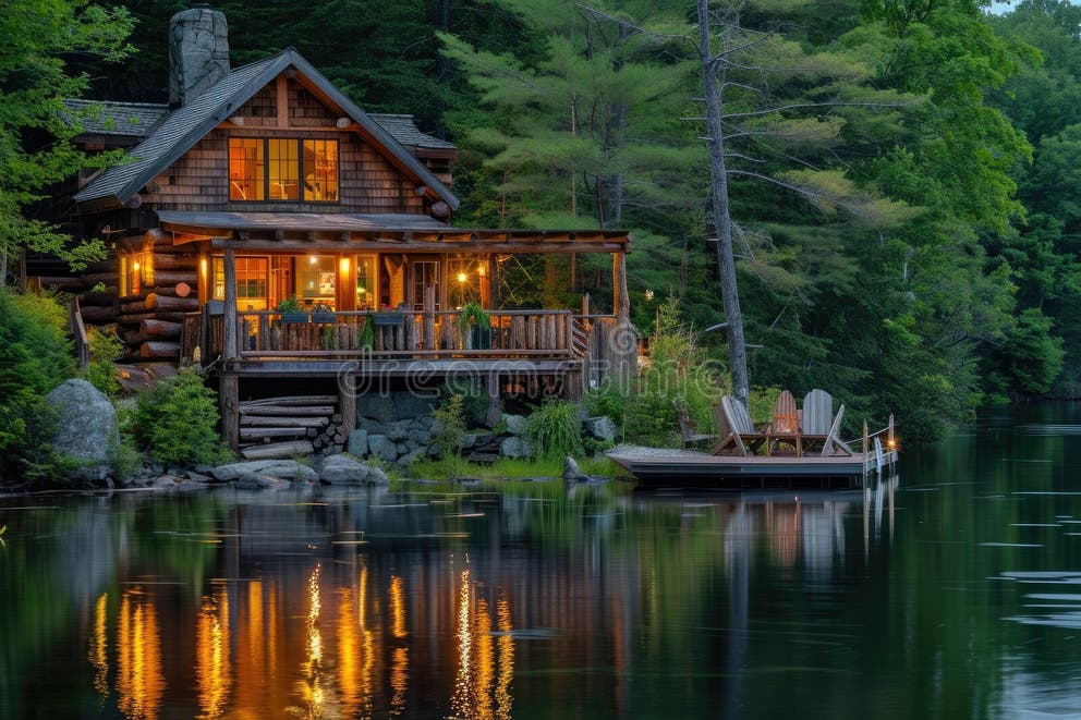 Rustic lakeside cabin stock photo. Image of horizontal - 376564130