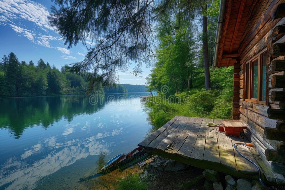 Rustic lakeside cabin stock image. Image of landscape - 376564173