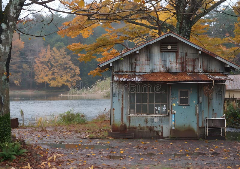 Rustic Lakeside Shack in Autumn Generated Using AI. Stock Illustration ...