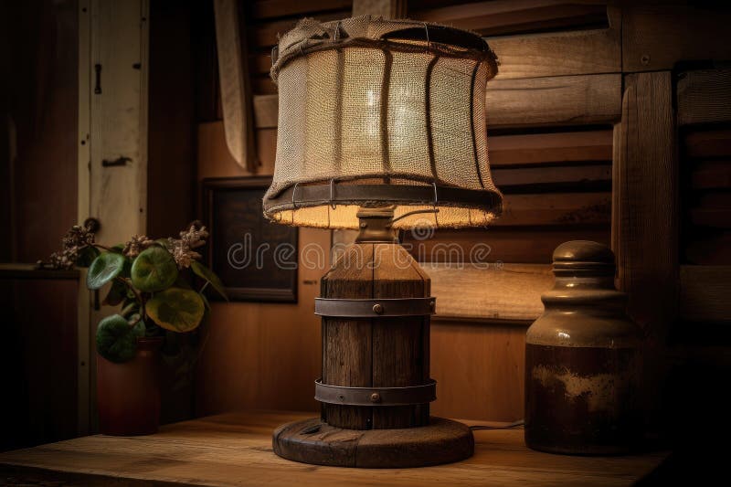 Rustic Lamp with Burlap Shade and Rough-cut Wooden Base Stock ...