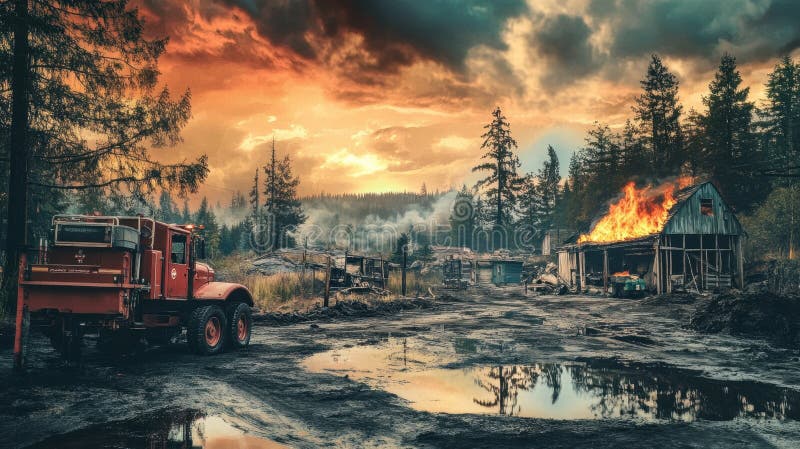 Wildfire Preparedness Day Rustic Landscape with Burning Barn Under ...