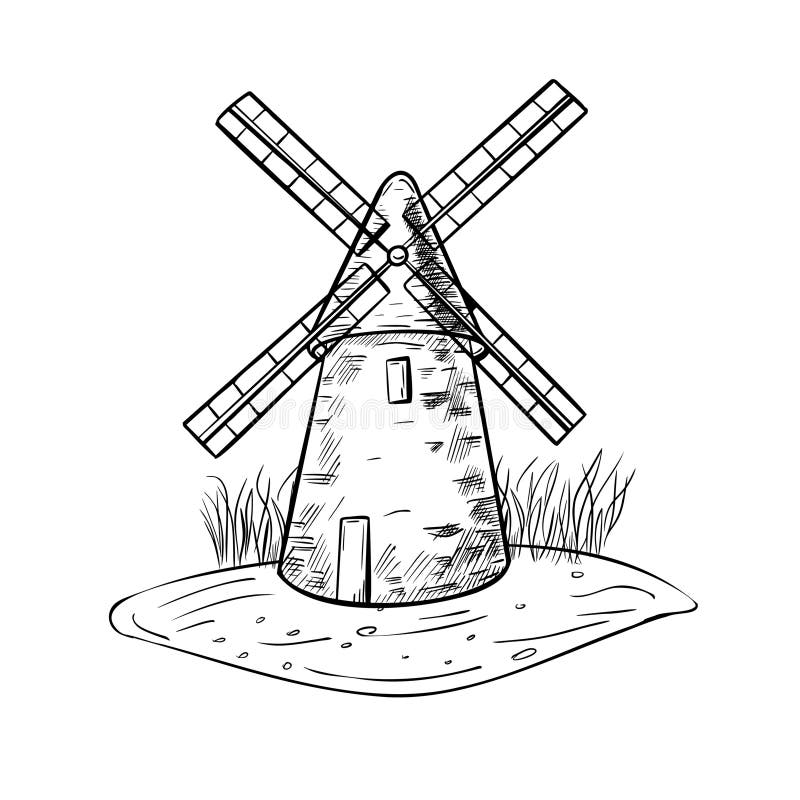 Rustic Landscape of Windmill and Grass on Ground Black White Vector ...
