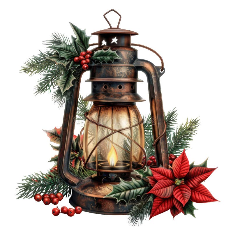 Rustic Lantern Adorned with Christmas Greenery and Poinsettia Stock ...