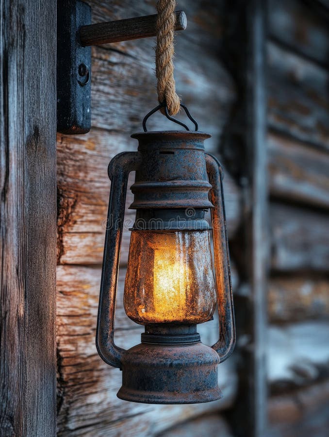 Rustic Lantern Glowing on a Wooden Cabin Wall. Stock Photo - Image of ...