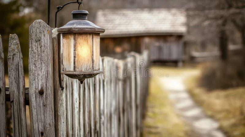 Rustic Lantern Illuminates Path by Wooden Fence Stock Illustration ...
