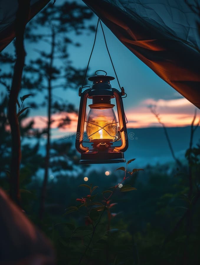 Rustic Lantern Illuminating a Tranquil Camping Scene at Sunset. Stock ...
