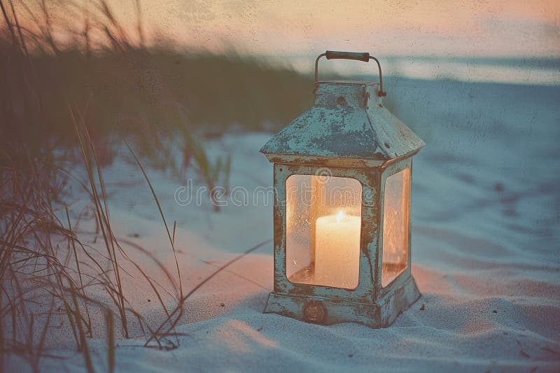 Rustic Lantern on Sandy Beach Illuminated by Candlelight at Sunset in ...