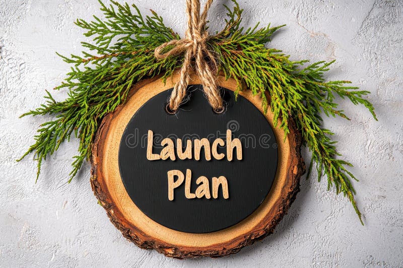 Rustic Launch Plan Sign with Greenery on Wood Slice Stock Illustration ...