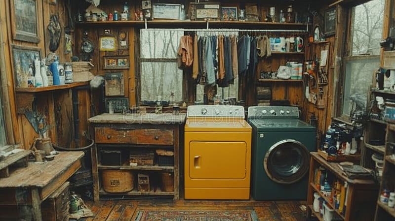 Rustic Laundry Room Filled with Vintage Items and Eclectic Decor Stock ...