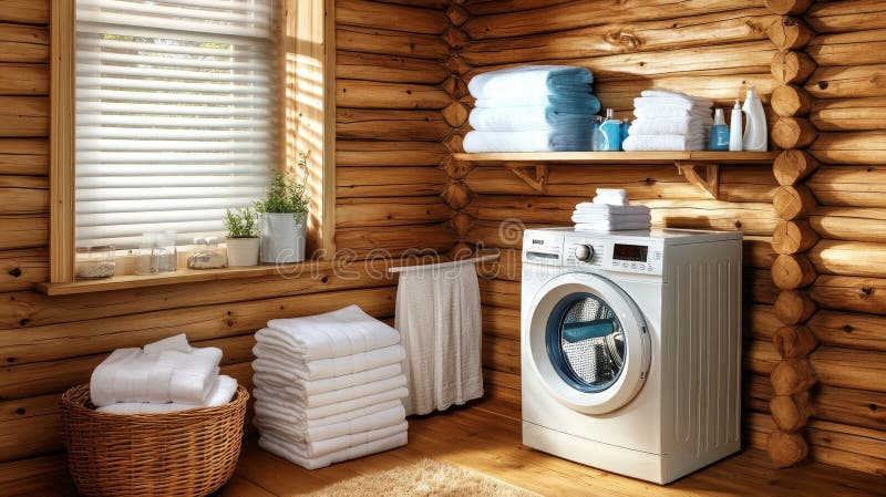 Rustic Laundry Room Modern Washing Machine and Fresh Towels in a Cozy ...
