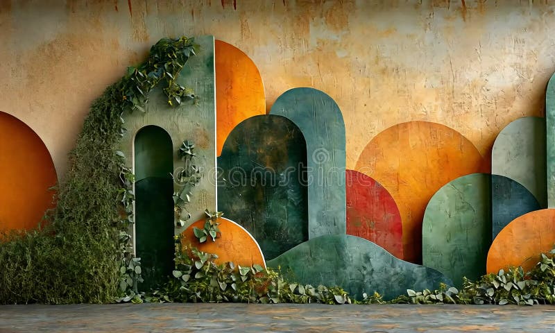 Rustic, Layered Wall Decor with Vibrant Colors and Greenery Stock ...