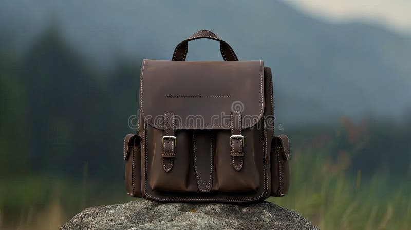 A Rustic Leather Backpack Rests on a Rocky Surface, Surrounded by ...