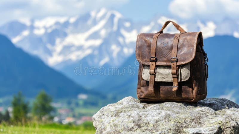 A Rustic Leather Backpack Rests on a Rocky Surface, Surrounded by ...