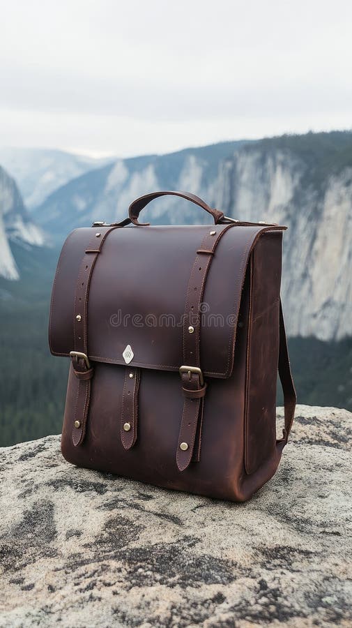 A Rustic Leather Backpack Rests on a Rocky Surface, Surrounded by ...