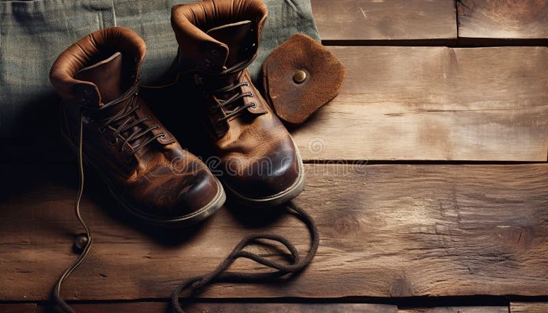 Rustic Leather Boots on Worn Wood Flooring Generated by AI Stock ...