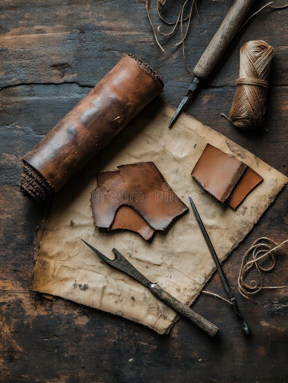 Rustic Leather Crafting Setup with Tools and Materials on a Wooden ...